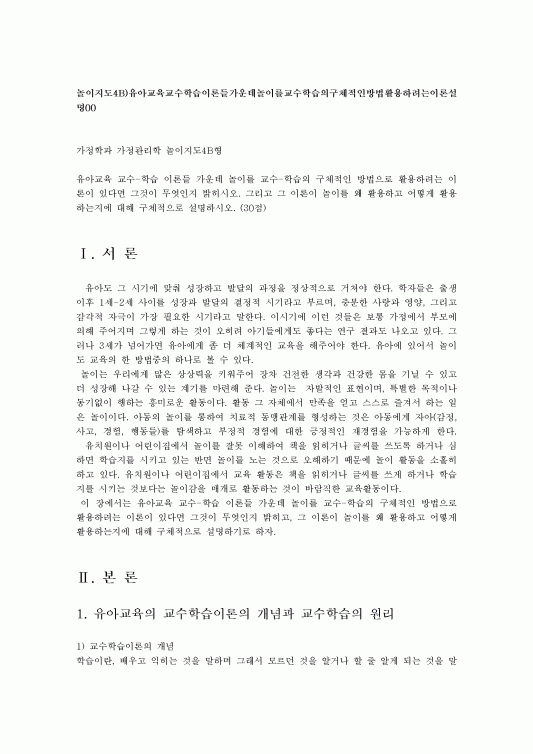 놀이지도4B)유아교육교수학습이론들가운데놀이를교수학습의구체적인방법활용하려는이론설명00
