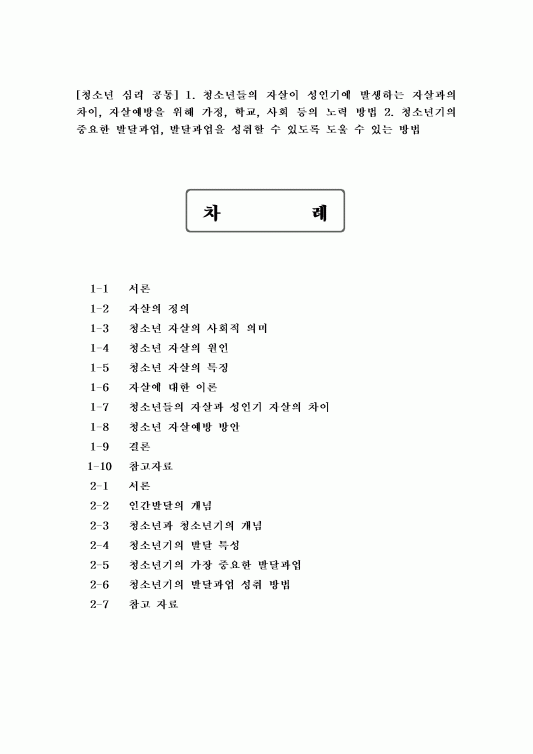 [청소년 심리 공통] 1. 청소년들의 자살이 성인기에 발생하는 자살과의 차이, 자살예방을 위해 가정, 학교, 사회 등의 노력 방법 2. 청소년기의 중요한 발달과업, 발달과업을 성취
