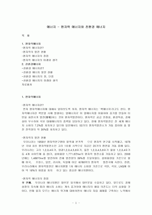 에너지 -원자력 에너지와 친환경 에너지 비교
