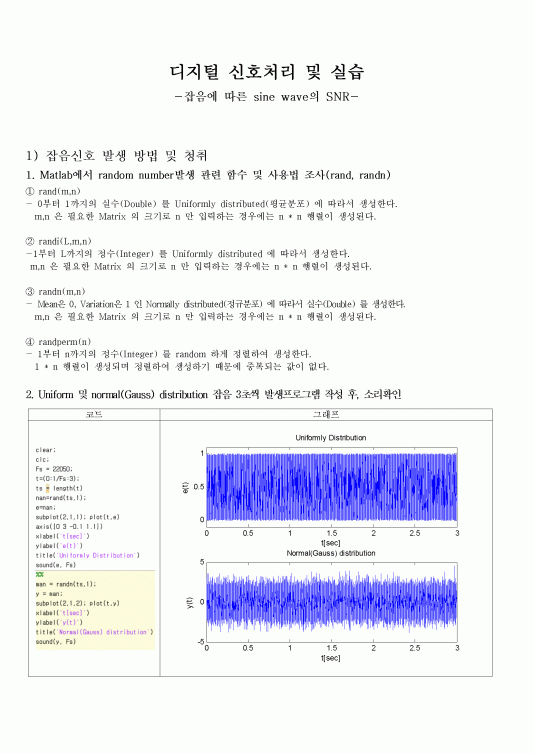 [디지털 신호처리 및 실습] 잡음에 따른 sine wave의 SNR - matlab을 이용한 원하는 dB값을 가지는 SNR계산, 변형방법, 파형 보고서