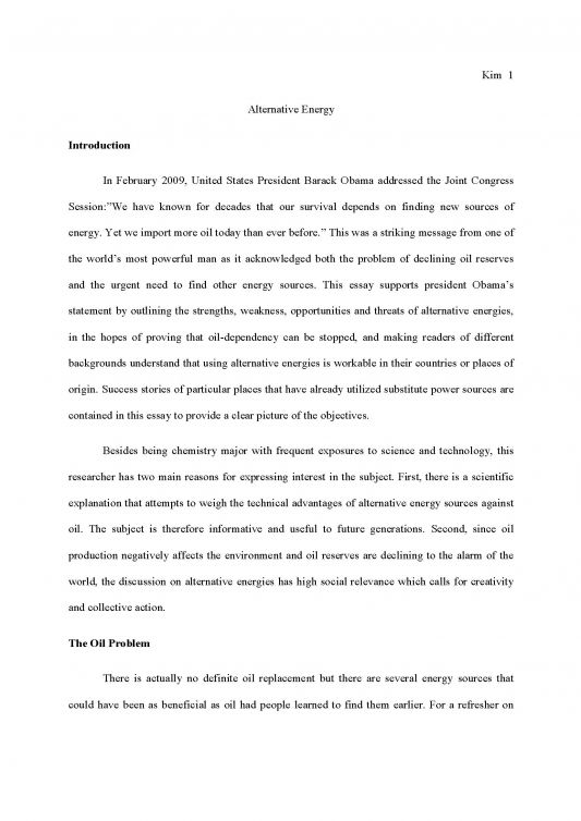 대체에너지의 정의와 세계적 발전 경향에 대한 영문 Research Paper