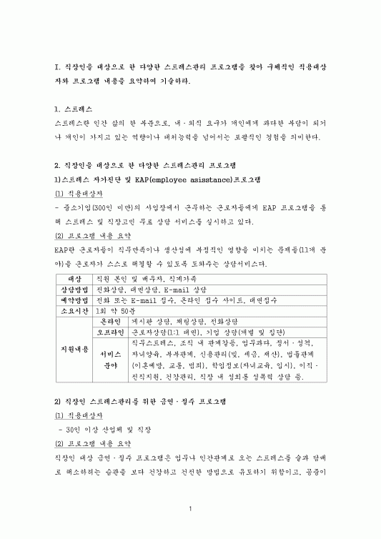 정신건강과간호) 직장인을 대상으로 한 다양한 스트레스관리 프로그램을 찾아 적용대상자와 프로그램 내용 요약 & 간호사를 위한 스트레스관리 프로그램의 개발 및 활용가능성 측면에서 유용하다고 생각되는 내용,