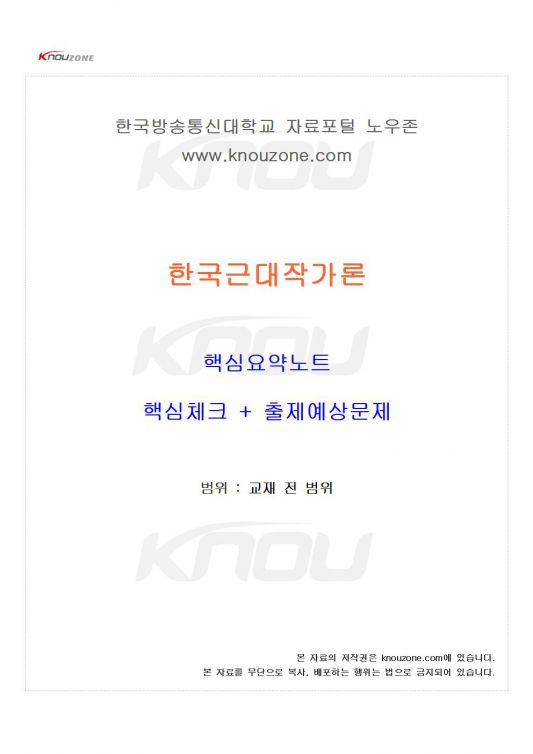 2014년 1학기 한국근대작가론 교재전범위 핵심요약노트