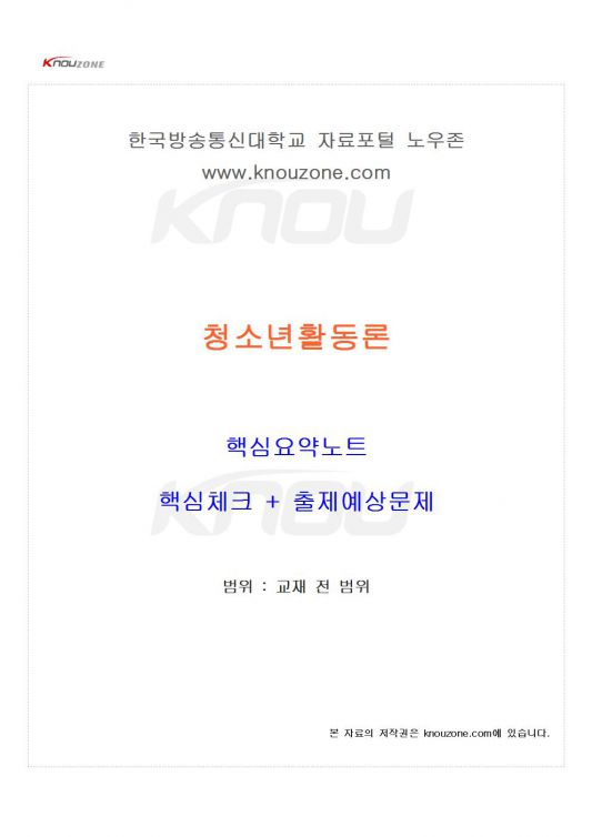 2014년 1학기 청소년활동론 교재전범위 핵심요약노트