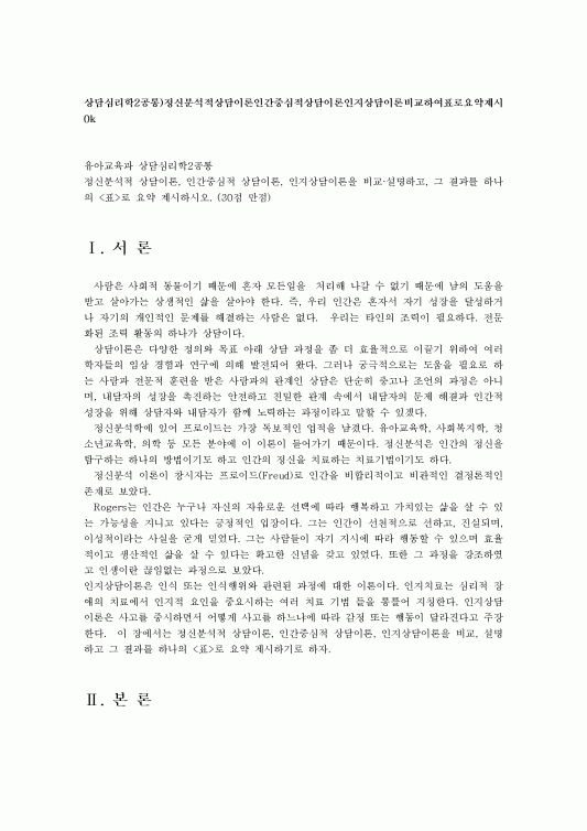 상담심리학-공통)정신분석적 상담이론, 인간중심적 상담이론, 인지상담이론을 비교·설명하고, 그 결과를 하나의 표로 요약 제시0k