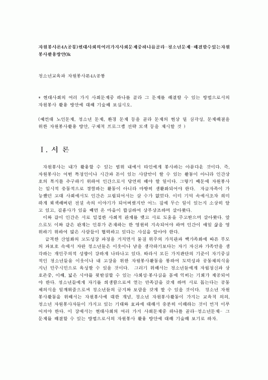 자원봉사론4A공통)현대사회의 여러 가지 사회문제중 해결할 수 있는 방법으로서의 자원봉사 활용 방안에 대해 기술-청소년문제0k