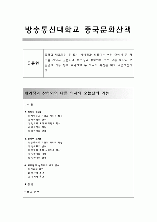 [중국문화산책공통]중국의대표적인 두도시 베이징(북경)과 상하이(상해)의 서로 다른 역사와 오늘날의 기능 등에 주목하여 두 도시의 특징을 비교, 서술하십시오-방통대 중국문화산책 공통형