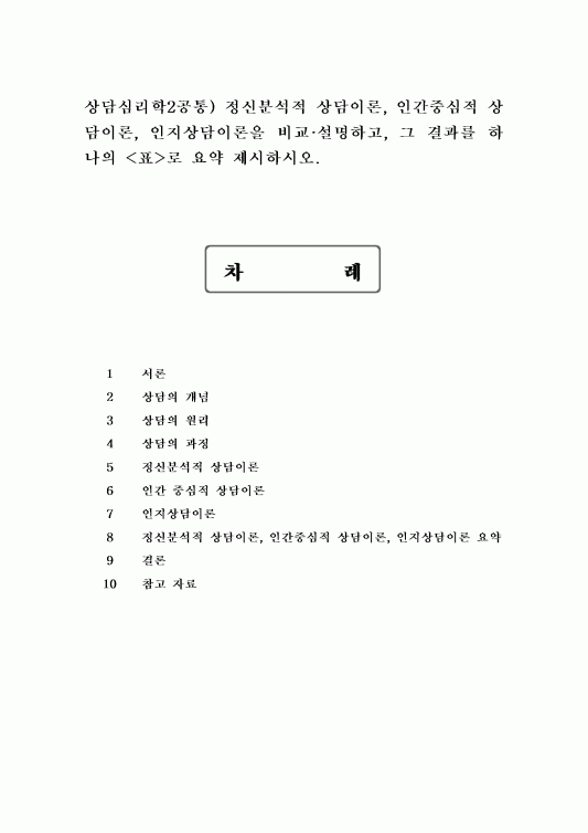상담심리학2공통) 정신분석적 상담이론, 인간중심적 상담이론, 인지상담이론을 비교·설명, 결과를 하나의 <표>로 요약 제시하시오.