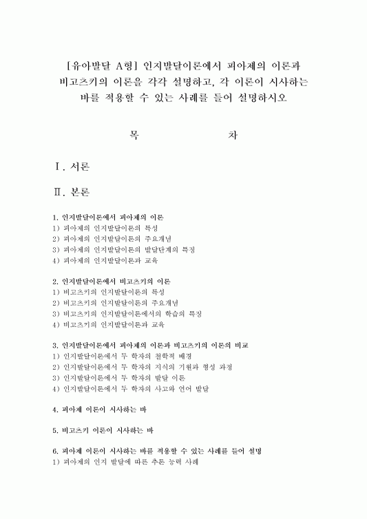 [유아발달 A형] 인지발달이론에서 피아제의 이론과 비고츠키의 이론을 설명하고, 각 이론이 시사하는 바를 적용할 수 있는 사례를 들어 설명하시오
