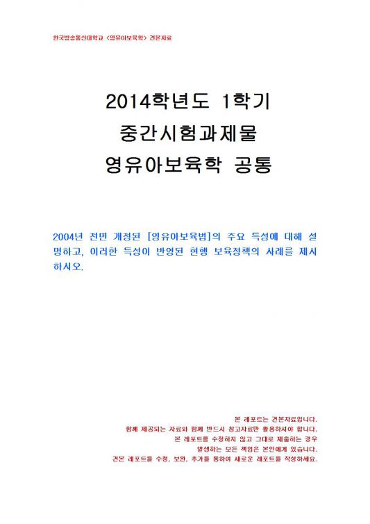 2014년 1학기 영유아보육학 중간시험과제물 공통(2004년 영유아보육법 특성, 정책사례)