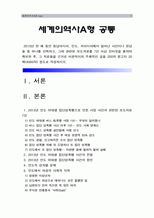 [세계의역사A형] 2013년 한해 동안 동남아시아, 인도, 서아시아에서 일어난 사건이나 현상들 중 하나를 선택하고 그와 관련된 보도자료를 확보한 후 그 자료들을 근거로 글작성-2013년 인도 성폭행사건