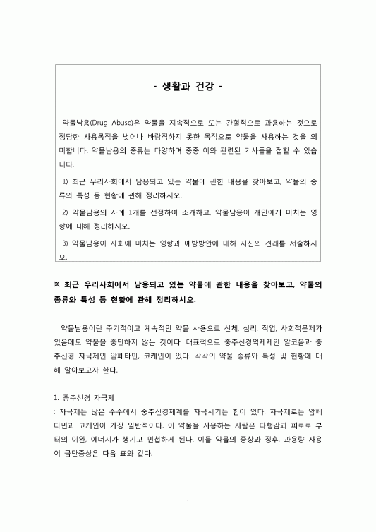 (간호학과 4학년: 생활과 건강) 공통문제: 약물남용(Drug abuse)