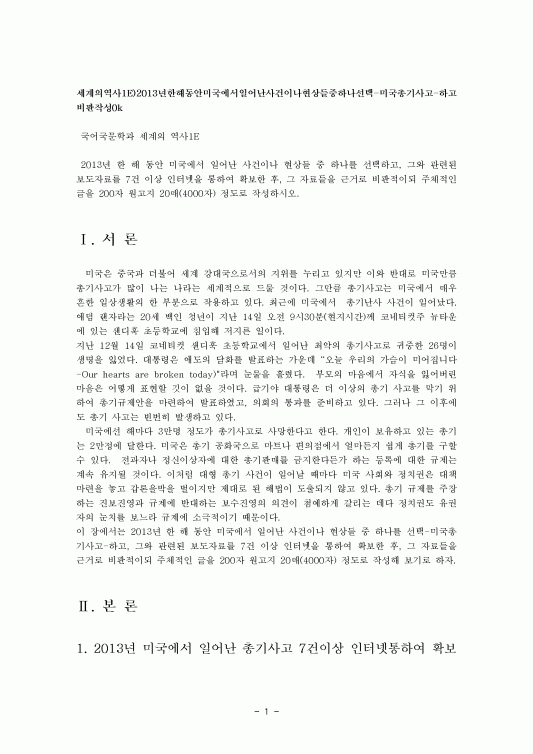 세계의역사1E)2013년한해동안미국에서일어난사건이나현상들중하나선택-미국총기사고-하고비판작성0k