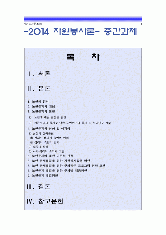 [자원봉사론] 현대사회의 여러가지 사회문제중 하나를 골라 노인문제를 해결방법으로서의 자원봉사 활용방안 (노인문제현상 노인문제심각성 노인문제해결을 위한 자원봉사활용방안 구체적 프로그램 전략모색)