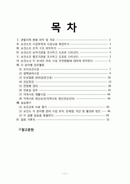 지역사회간호학 (관할지역 현황 파악, 보건소의 사업목적과 사업내용, 보건소의 조직 구조 , 주요 사업 추진현황, 분야별 업무활동, 실습평가, 일화 기록지)