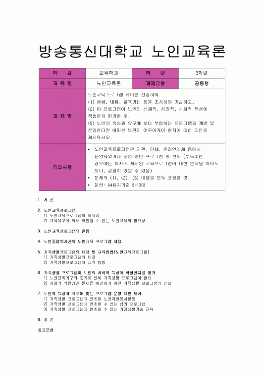 노인교육론- 노인교육프로그램 하나를 선정,현황,내용,교육방법 등을 조사,노인의 신체적심리적 사회적특성에 적절한지평가 노인의 특성과 요구에 더 잘 부합하도록 프로그램을개발(노인교육론 방송통신대)