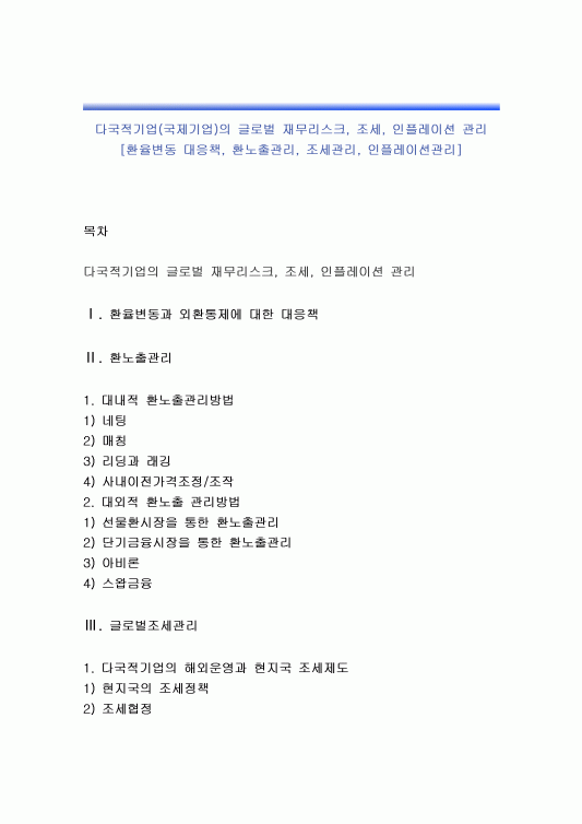 다국적기업(국제기업)의 글로벌 재무리스크, 조세, 인플레이션 관리 [환율변동 대응책, 환노출관리, 조세관리, 인플레이션관리]