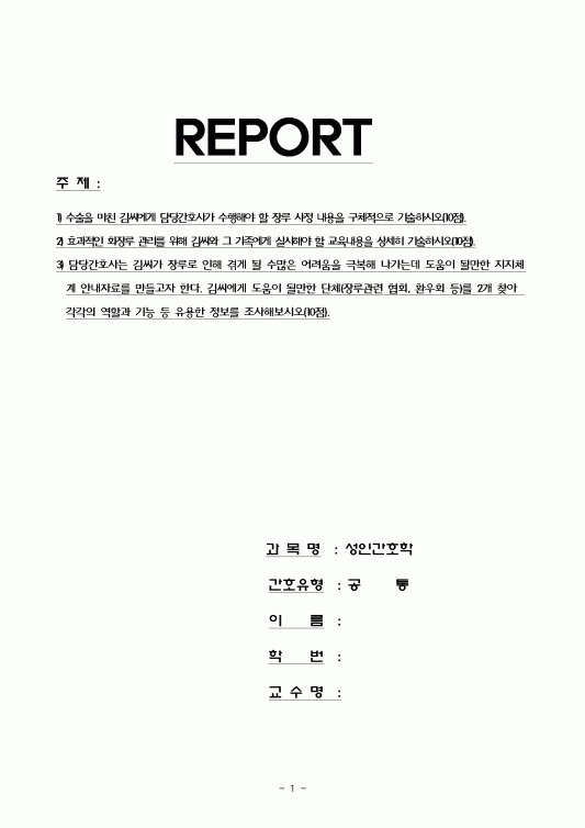 수술을 마친 김씨에게 간호사가 수행해야할 장루 내용을 사정후 효과적인 회장루 관리를 위한 가족 교육내용, 장루로 인항 어려움을 극복하는데 도움이 될 지지체계 안내자료와 단체 소개