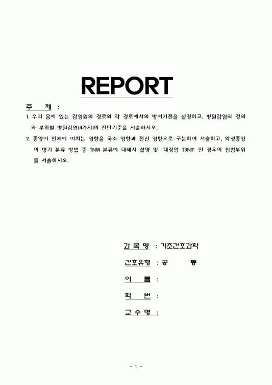 몸의 감염원의 경로와 각 경로에서 방어기전을 설명하고,병원감염의 정의와 부위별 병원감염(4가지)의 진단기준을 서술, 종양이 인체에 미치는 국소, 전신 영향을 구분하고 악성종양 병기