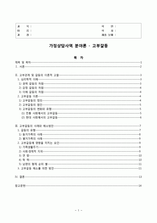 가정상담사역 분야론 - 고부갈등