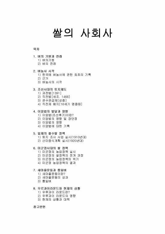 쌀의 사회사 - 벼의 기원과 전래, 벼농사 시작, 조선시대의 토지제도, 이앙법의 발달과 영향, 일제의 쌀수탈 정책, 미군정시대의 쌀정책, 새마을운동과 통일벼, 우르과이라운드와 현재의 상황