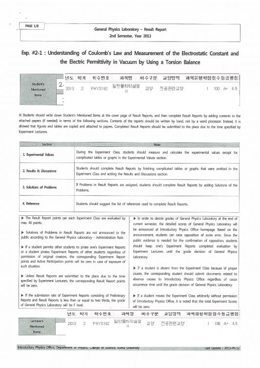 2-1 Understanding of Coulombs Law and Measurement of the Electrostatic Constant and the Electric Permittivity in Vacuum by Using a Torsion Balance