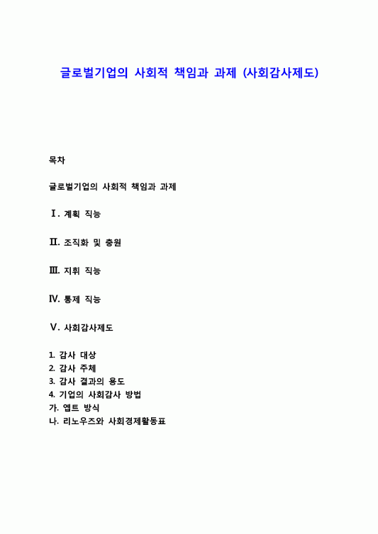 글로벌기업의 사회적 책임과 과제 [사회감사제도] (계획 직능, 조직화 및 충원, 지휘 직능, 통제 직능, 사회감사제도)