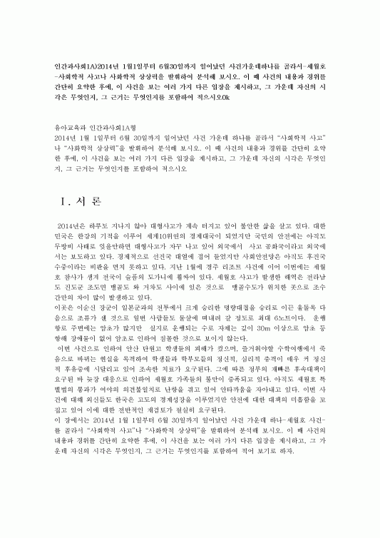 인간과사회1A)2014년 1월1일~6월30일까지 일어났던 사건중 하나를 골라서<세월호>사회학적 사고나 사화학적 상상력을 발휘하여 분석. 사건의 내용과 경위 요약, 다른 입장 제시, 시각의 근거를 적으시오0k