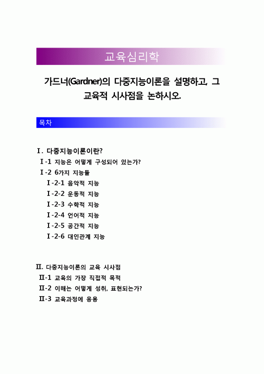 가드너(Gardner)의 다중지능이론을 설명, 그 교육적 시사점을 논하시오