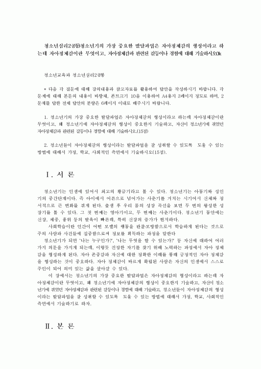 청소년심리2공통)청소년기의 가장 중요한 발달과업은 자아정체감의 형성이라고 하는데, 자아정체감이란 무엇이고, 자아정체감과 관련된 갈등이나 경험에 대해 기술하시오0k (자아정체감 형성의 발달과업 방법)
