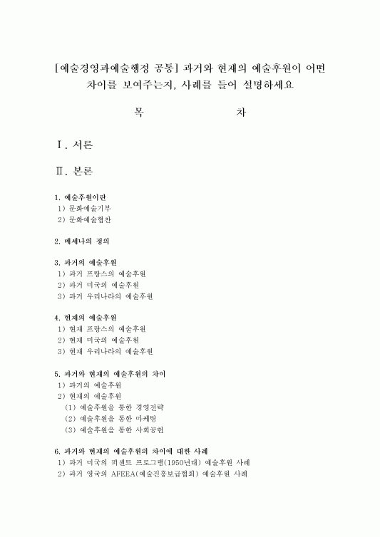 [예술경영과예술행정 공통] 과거와 현재의 예술후원이 어떤 차이를 보여주는지,  사례를 들어 설명 : 예술후원