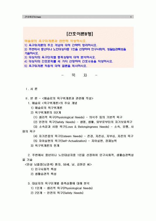 [간호이론B형]매슬로의 욕구위계론과 관련해 작성하시오.-<주요 개념, 대상자 1인을 선정하여 인구사회적 생활습관특성, 욕구단계별 충족상황, 간호문제, 욕구위계론 적용에 대해 결론> [간호이론B]