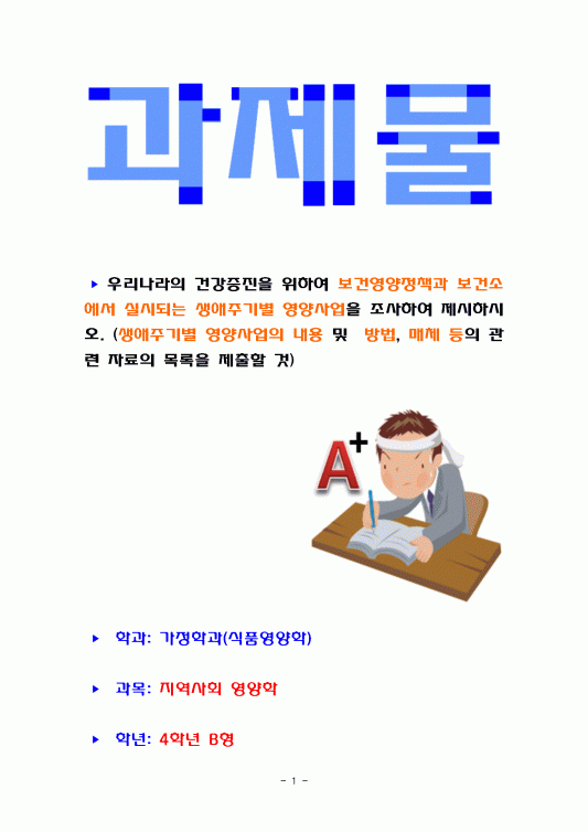 [지역사회영양학4B] 우리나라의 건강증진을 위하여 보건영양정책과 보건소에서 실시되는 생애주기별 영양사업 (생애주기별 영양사업의 내용 및  방법, 매체 등)