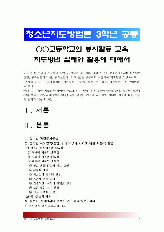 [청소년지도방법론] 청소년봉사활동중요성 다음중 하나의 지도영역(방법)을 선택한후 이에 대한 자료를 청소년교육시설_청소년수련관, 청소년문화의 집, 청소년단체, 학교 등_을 방문해서 수집하여 과제물 작성