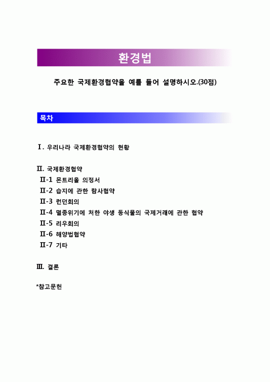 [환경법]주요한 국제환경협약을 예를 들어 설명 (우리나라 국제환경협약의 현황, 국제환경협약)