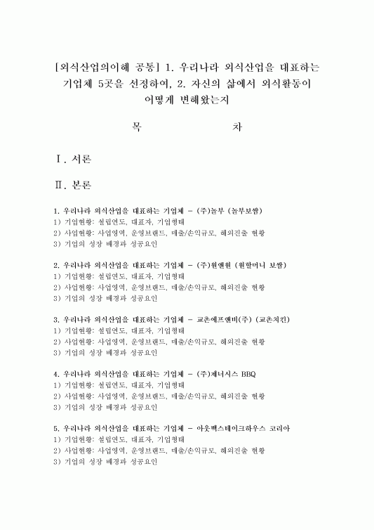 [외식산업의이해 공통] 1. 우리나라 외식산업을 대표하는 기업체 5곳을 선정하여,  2. 자신의 삶에서 외식활동이 어떻게 변해왔는지 - 외식활동