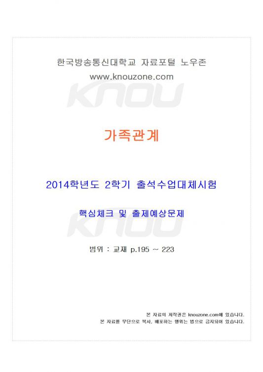 2014년 2학기 가족관계 출석대체시험 핵심체크
