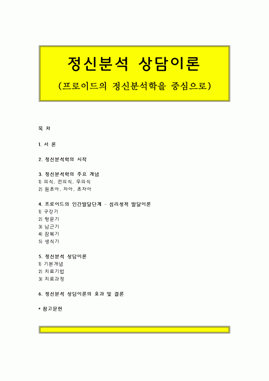 정신분석상담이론 - 프로이드의 정신분석학, 무의식의 개념과 성격구조(원초아,자아,초자아), 프로이드의 성격발달단계, 정신분석상담이론의 기본개념과 치료기법 치료과정 및 그 효과