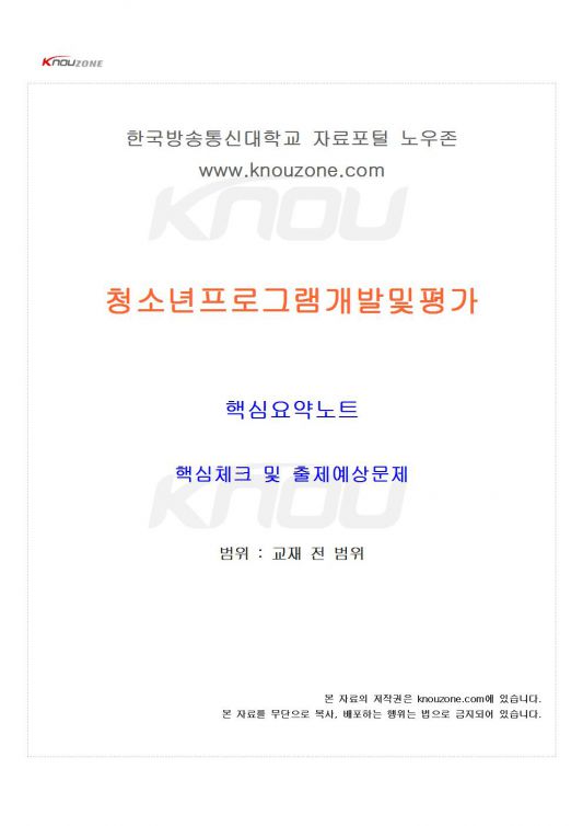 2014년 2학기 청소년프로그램개발및평가 교재 전 범위 핵심요약노트