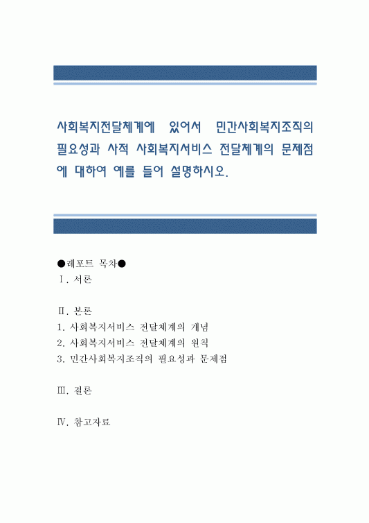사회복지전달체계에 있어서 민간사회복지조직의 필요성과 사적 사회복지서비스 전달체계의 문제점에 대하여 예를 들어 설명.