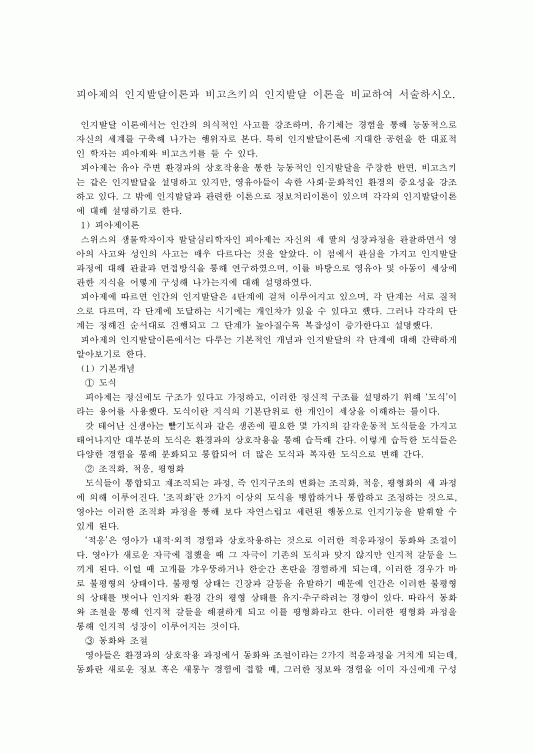 피아제(삐이제/Piaget)의 인지발달이론과 비고츠키(비고스키/Vygotsky)의 인지발달 이론을 비교하여 서술하시오