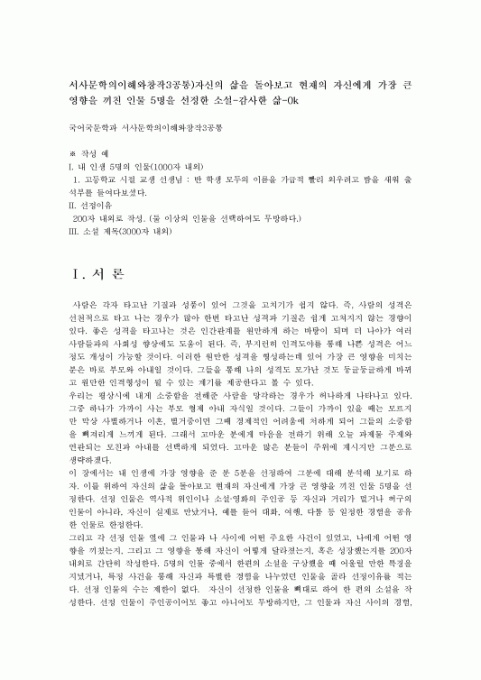 서사문학의이해와창작3공통)자신(본인)의 삶을 돌아보고, 현재 자신에게 가장 큰 영향을 끼친 인물 5명을 선정, 선정한 이유와 소설 『감사한 삶』0k