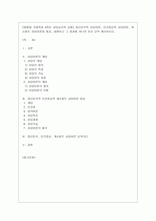 [상담심리학 공통] 정신분석적 상담이론, 인지상담이론, 행동수정이론을 비교·설명한 후, 핵심적 내용을 정리하여 하나의 <표>로 요약하여 제시하시오.