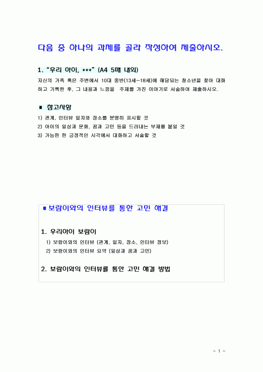 [글쓰기1공통] 자신의 가족 혹은 주변에서 10대 중반(13세~18세)에 해당되는 청소년을 찾아 대화하고 기록한 후, 그 내용과 느낌을  주제를 가진 이야기로 서술[보람이와의 인터뷰(16살)]