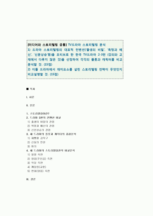 [미디어와 스토리텔링 ] TV드라마 스토리텔링(Storytelling) 분석 ①드라마 스토리텔링의 대표적 컨벤션을 선정하여 각각의 플롯과 캐릭터를 비교분석 ②스토리텔링 전략 비교설명-제빵왕 김탁구, 신들의 만찬, 마의