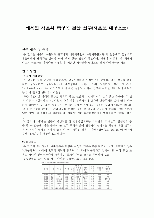 [질적사례연구 계획서] 해체된 재혼의 특성에 관한 연구 (재혼모 대상으로)