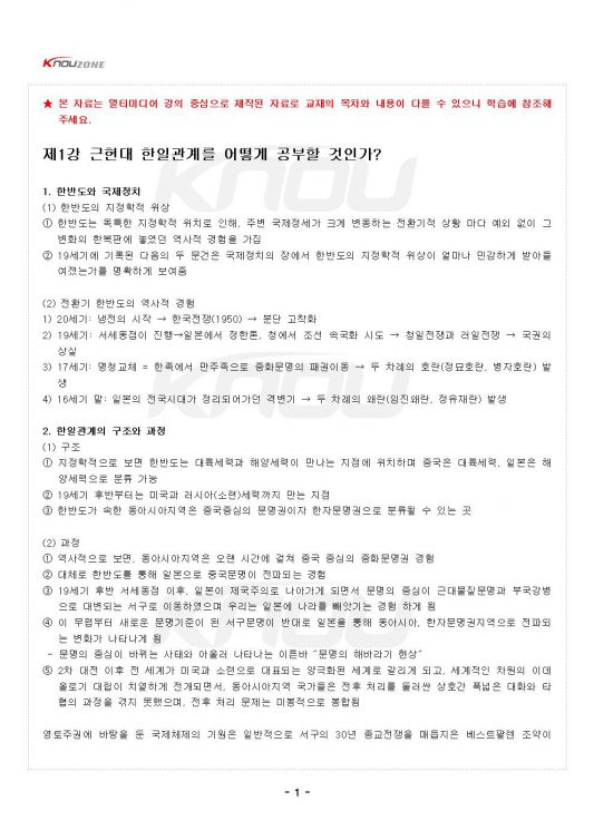 2015년 1학기 근현대한일관계와국제사회 출석대체시험 핵심체크