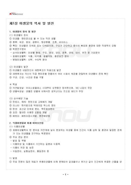 2015년 1학기 식품미생물학 출석대체시험 핵심체크
