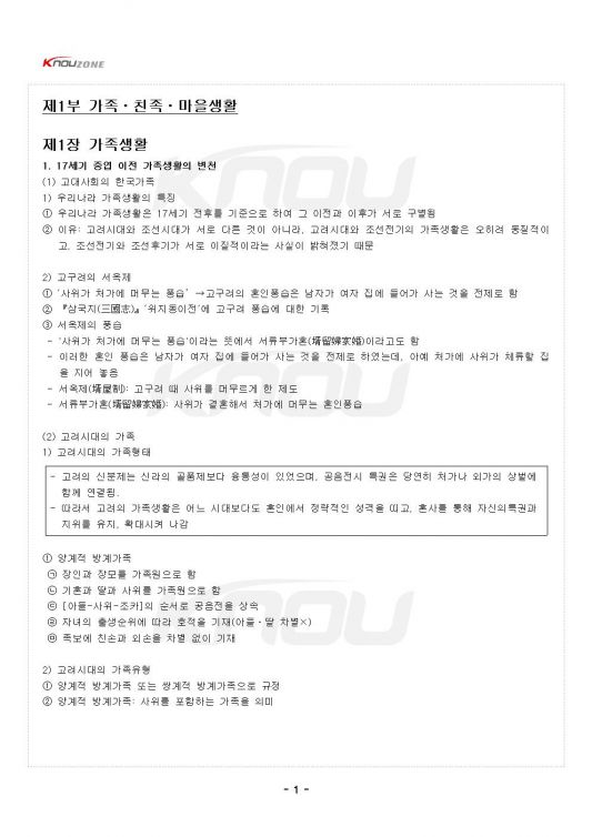 2015년 1학기 한국가정생활사 출석대체시험 핵심체크
