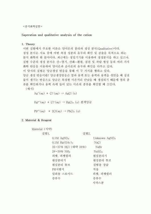 분석화학실험Saperation and qualitative analysis of the cation